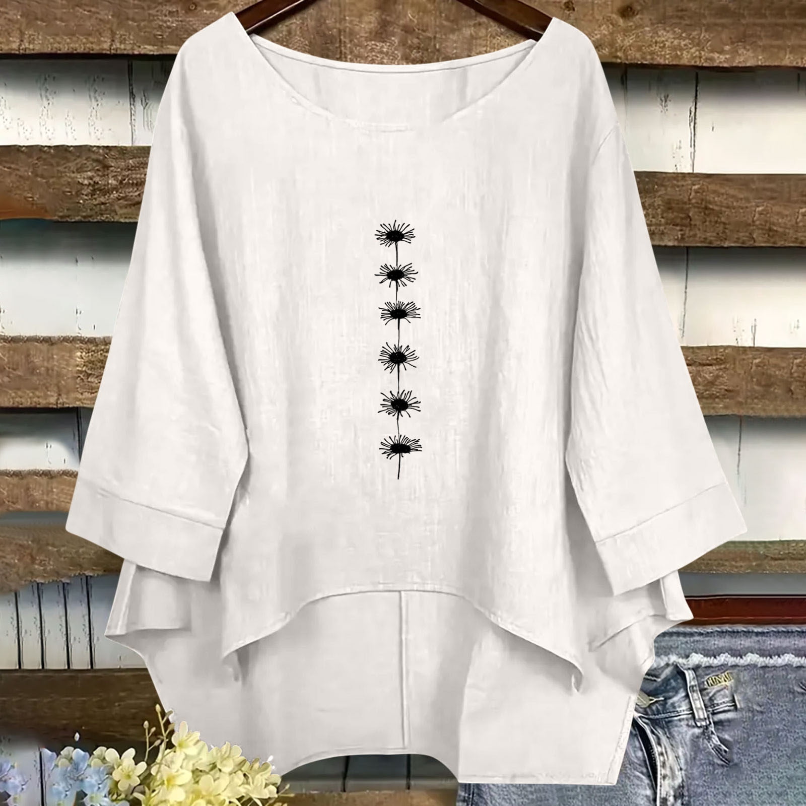 Asgosdo Womens Tops Summer Cotton Linen Long Sleeve Print Loose Fit ...