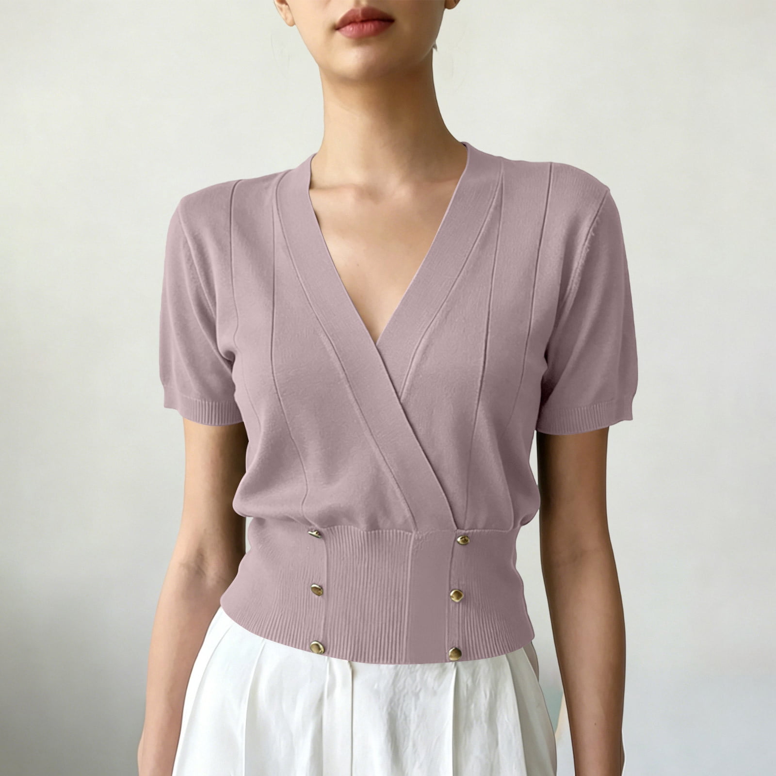 Asgosdo Womens Tops V Neck Short Sleeve Knit Button Decor Solid Color ...