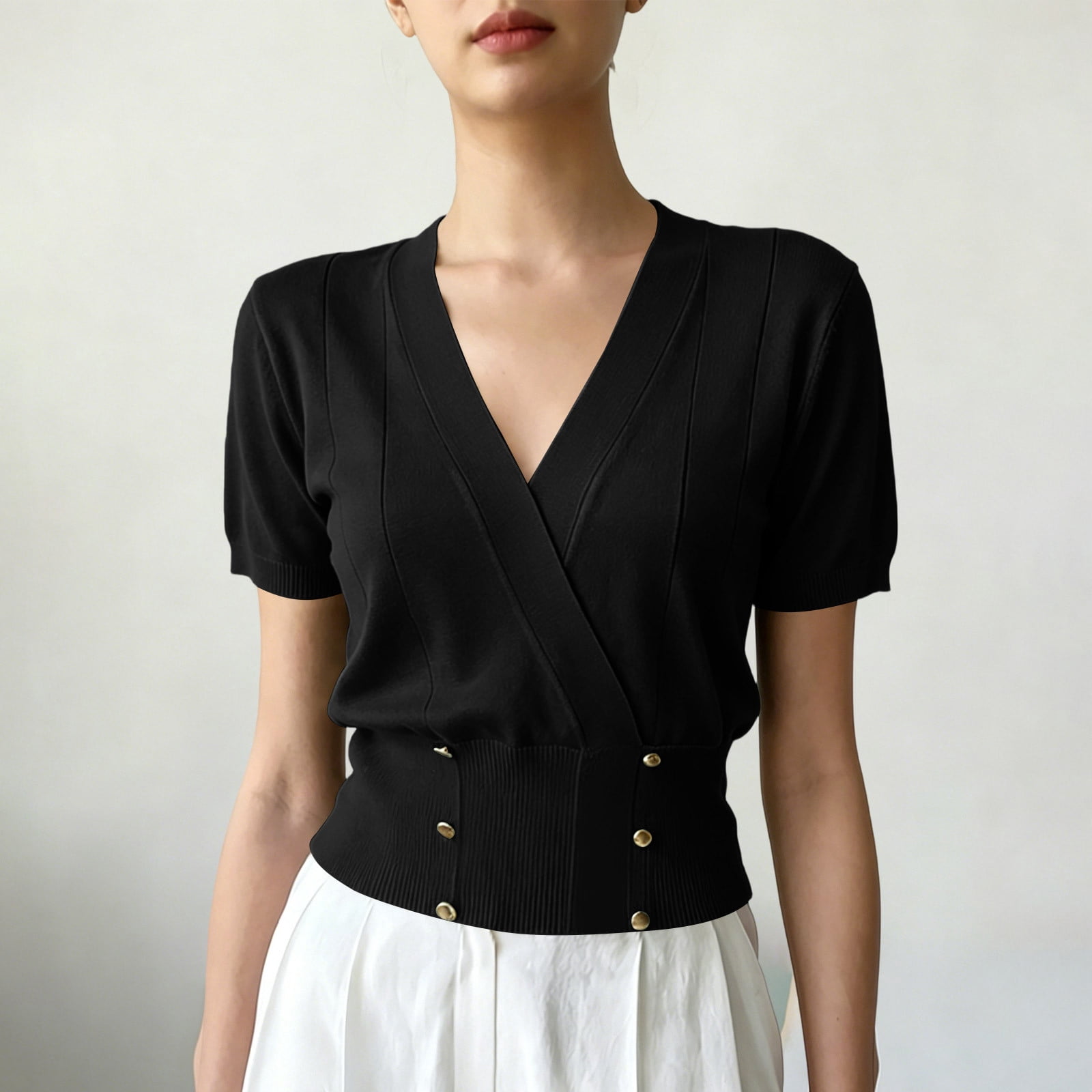 Asgosdo Womens Tops V Neck Short Sleeve Knit Button Decor Solid Color ...