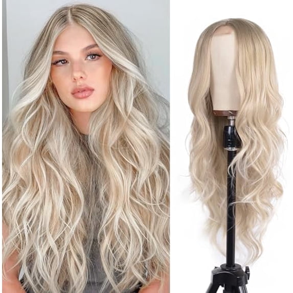 Ash Blonde Long Wavy Wig for Women Middle Part Curly Wavy Synthetic Wig ...