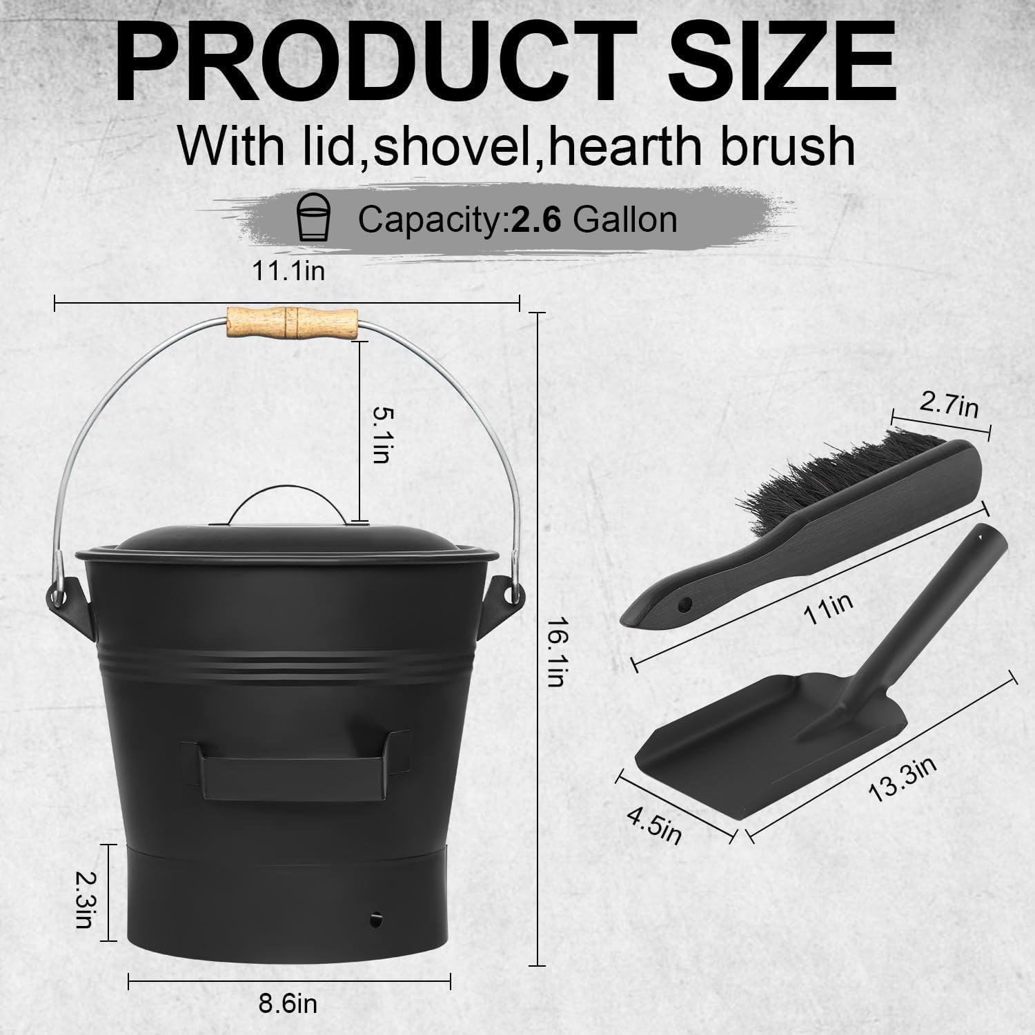 Ash Bucket with Lid, Shovel and Hand Broom, 2.6 Gallon Fireplace Metal ...