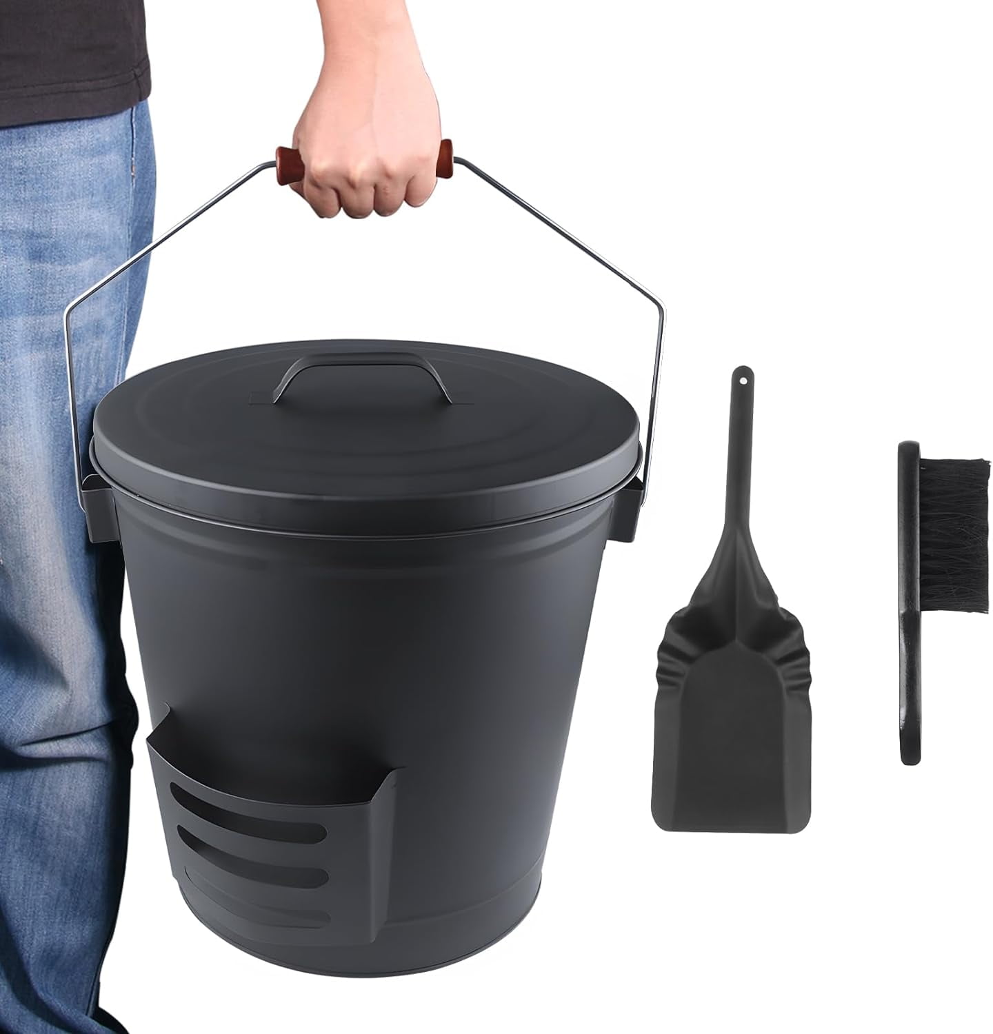 Ash Bucket with Lid and Shovel Hand Broom, 5.15 Gallon Large Galvanized ...