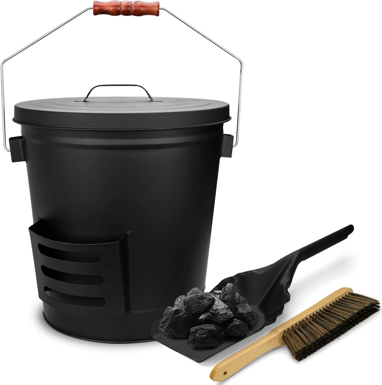 Ash Bucket with Lid, Shovel and Hand Broom, 5.2 Gallon Coal Bucket for ...