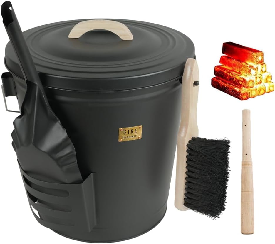 Ash Bucket with Lid and Shovel, Hand Broom and Stick, 5.2 Gallon Large ...
