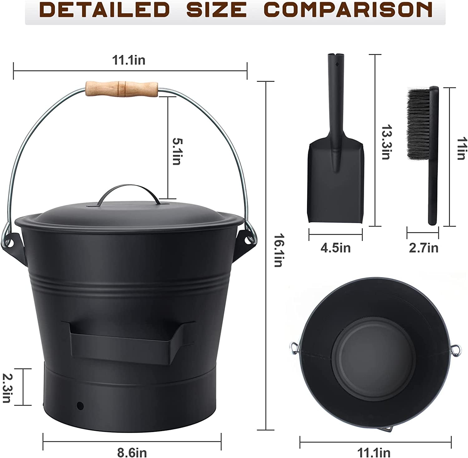 Ash Bucket with Lid, 2.6 Gallon Fireplace Ash Bucket with Shovel and ...