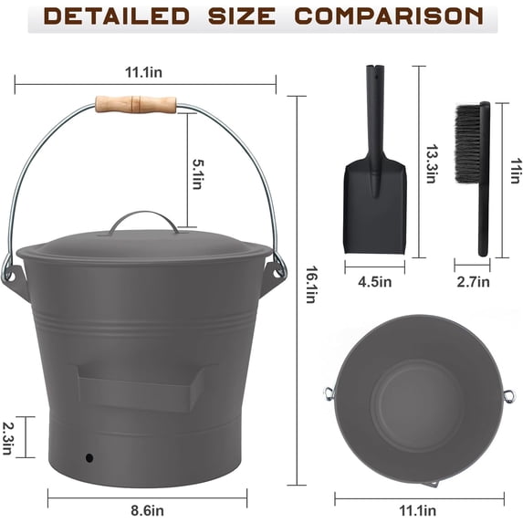 Ash Bucket with Lid, 2.6 Gallon Fireplace Ash Bucket with Shovel and ...