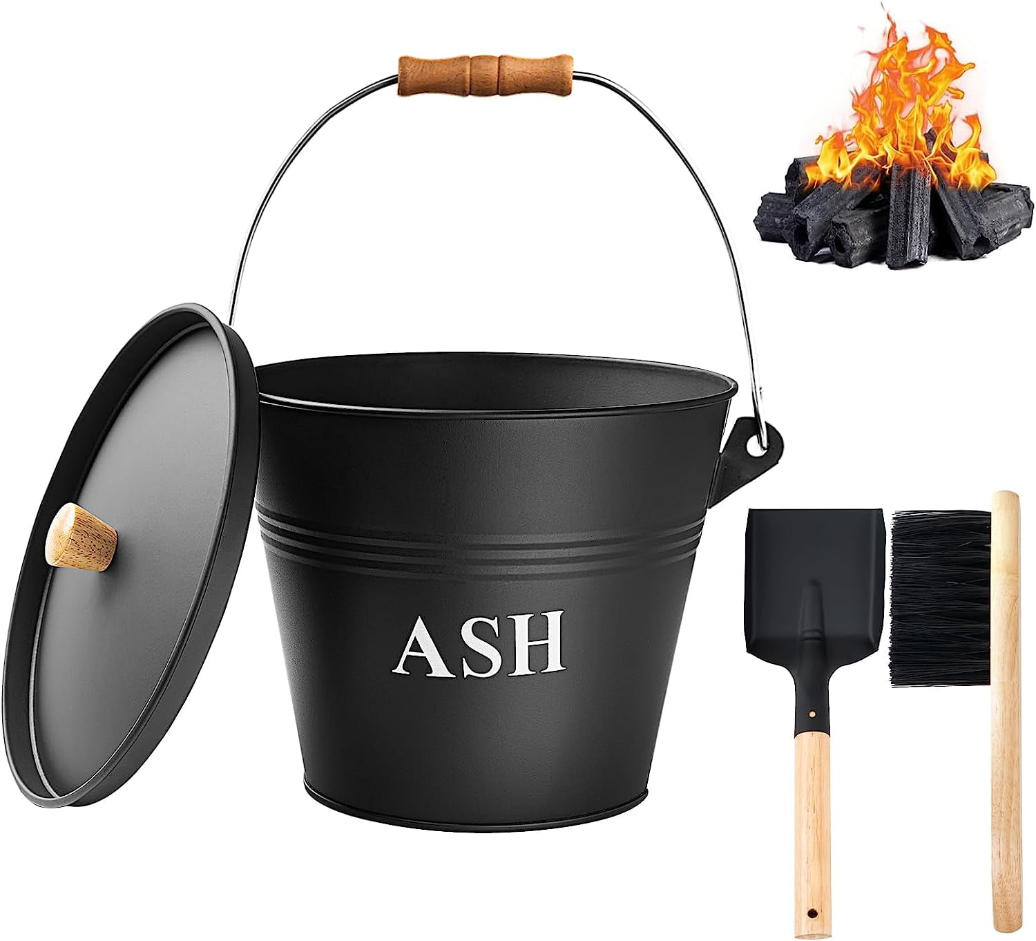 Ash Bucket with Lid Shovel and Hand Broom, 1.5 Gallon Fireplace Metal ...