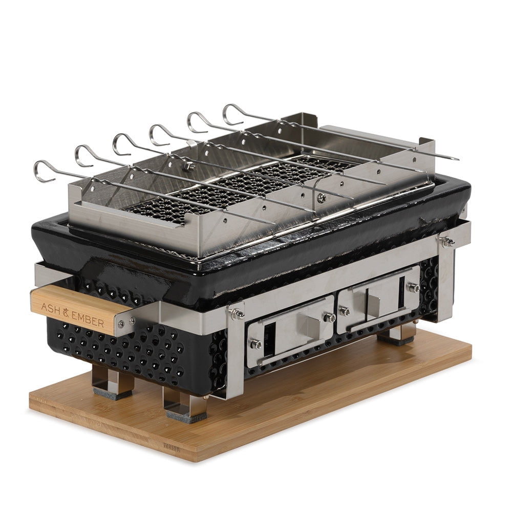 Ash & Ember 16" Hibachi Tabletop Grill And Skewer Set, Ceramic Charcoal ...