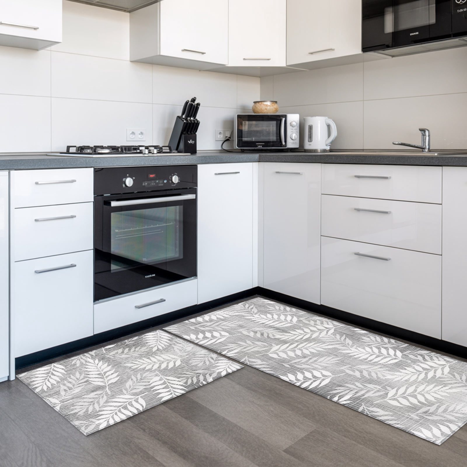 Ash Fronds 2 Pieces Non-Slip Kitchen Mat Set, Gray Silver Slate Leaf ...