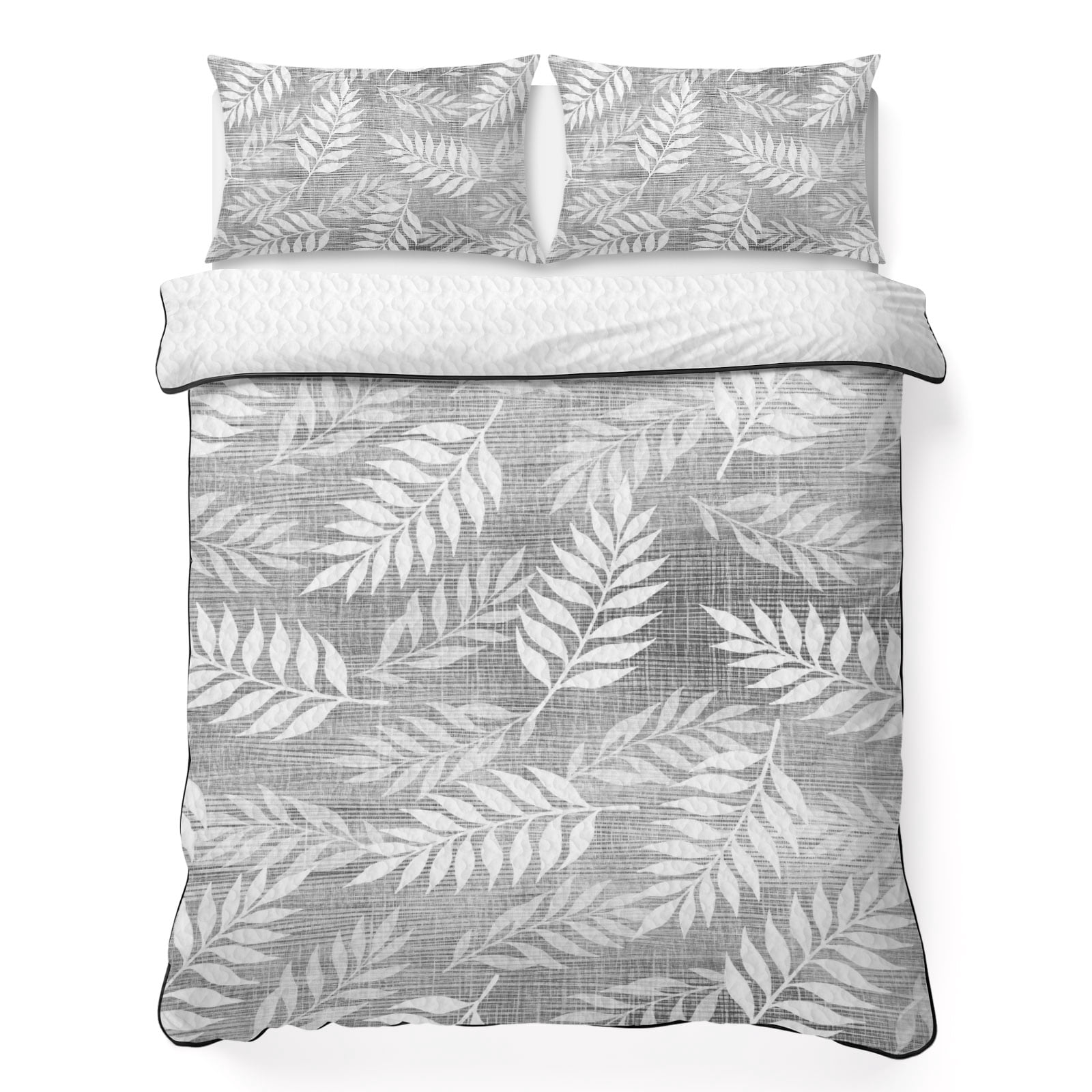 Ash Fronds 3 Piece Quilt Bedding Set with 2 Pillow Shams, Gray Silver ...