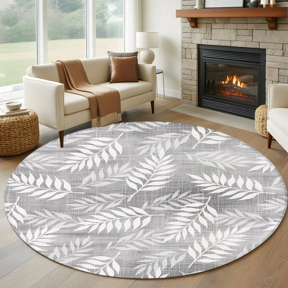 Ash Fronds 7FT Round Area Rugs for Living Room Gray Silver Slate Leaf ...