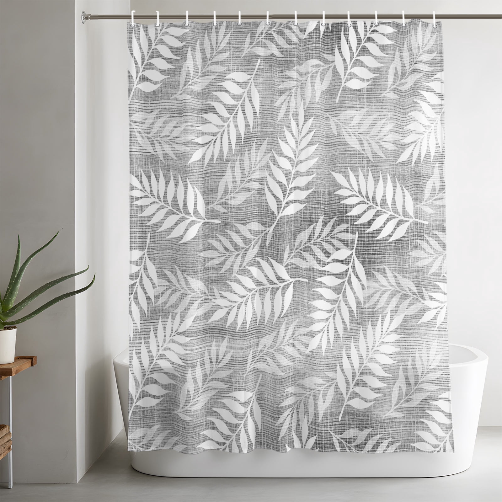 Ash Fronds Bathroom Shower Curtain, Gray Silver Slate Leaf Plant Canvas ...