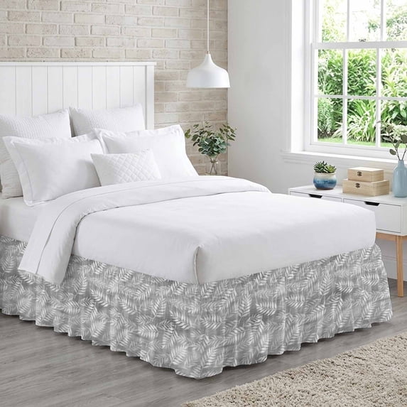 Ash Fronds Bed Skirt Queen Size 16 Inch Drop, Gray Silver Slate Leaf ...
