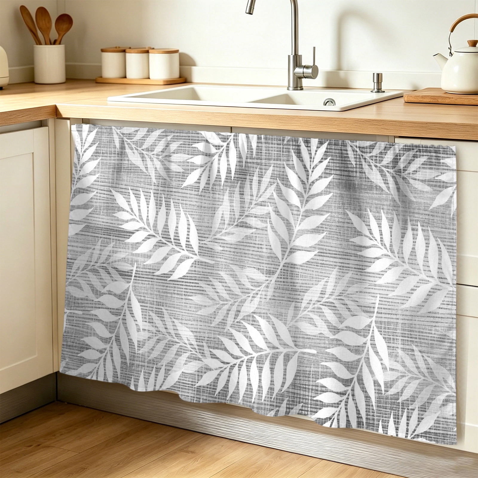 Ash Fronds Cabinet Curtain, Gray Silver Slate Leaf Plant Canvas Weave ...