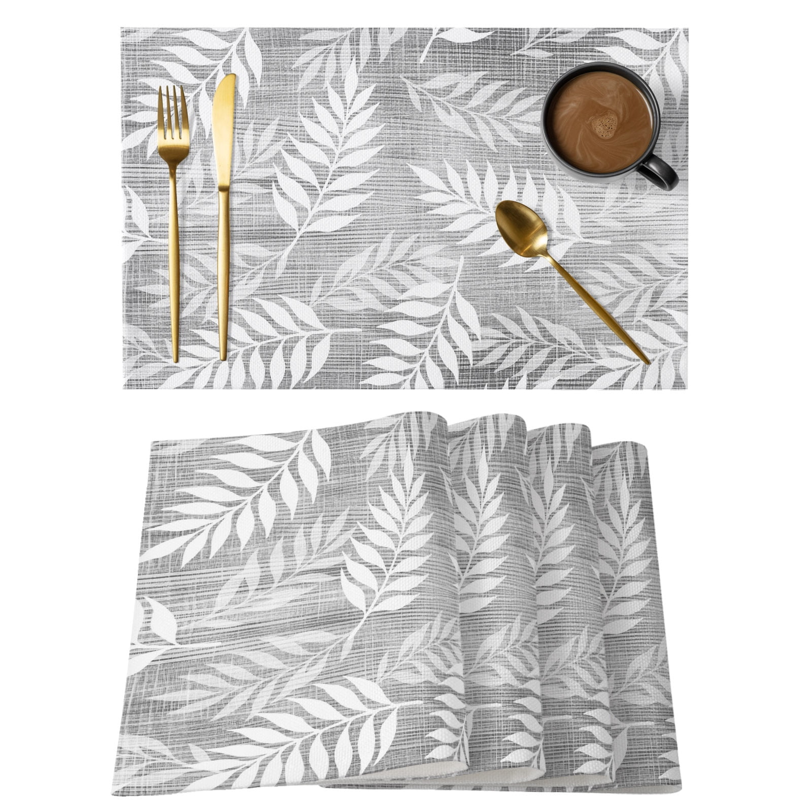 Ash Fronds Cotton Linen Placemats Set of 2, Gray Silver Slate Leaf ...