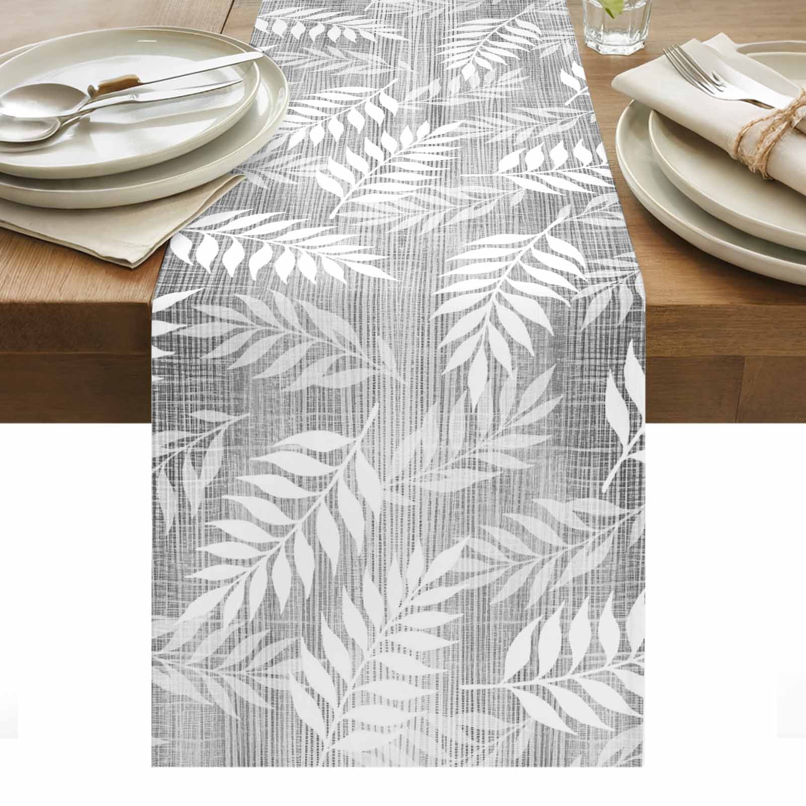 Ash Fronds Cotton Linen Table Runner Gray Silver Slate Leaf Plant ...