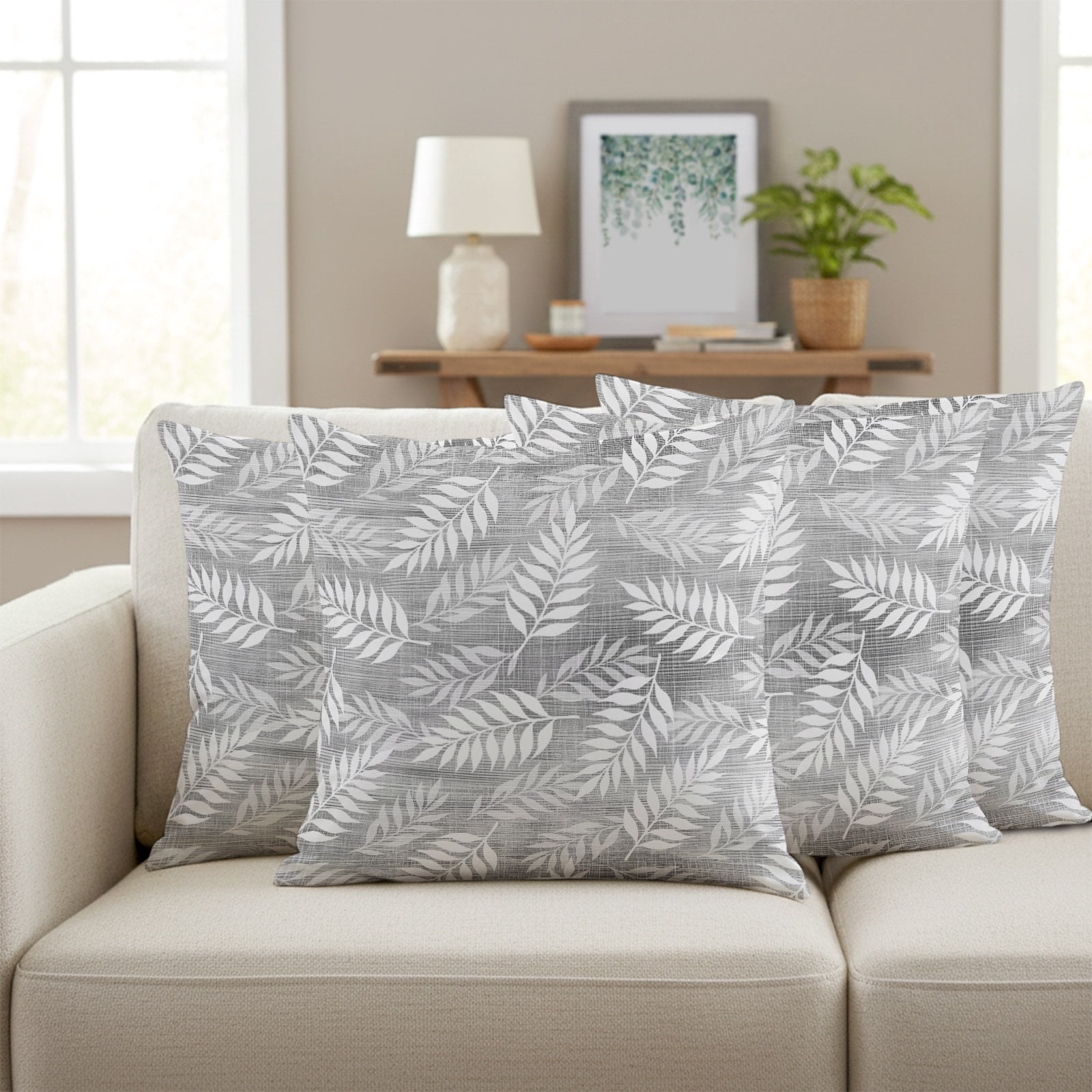 Ash Fronds Pillow Covers Set of 4, Gray Silver Slate Leaf Plant Canvas ...