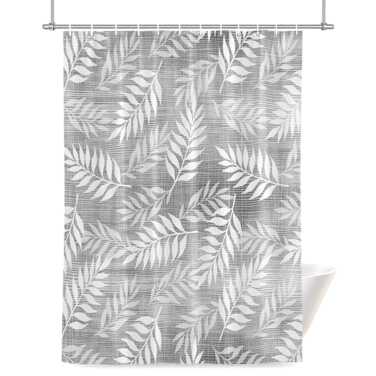Ash Fronds Shower Curtain, Gray Silver Slate Leaf Plant Canvas Weave ...