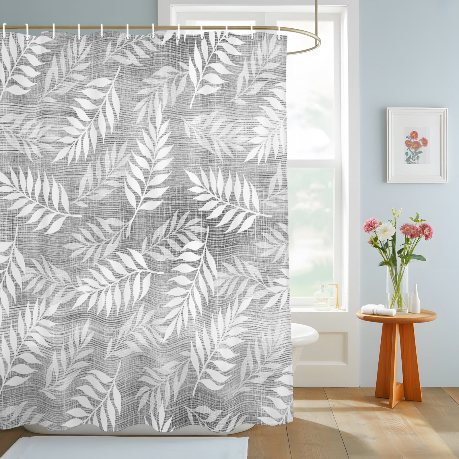 Ash Fronds Shower Curtain, Gray Silver Slate Leaf Plant Canvas Weave ...