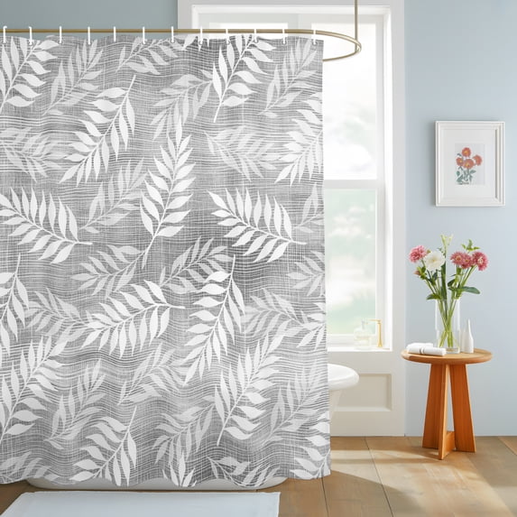 Ash Fronds Shower Curtain, Gray Silver Slate Leaf Plant Canvas Weave ...