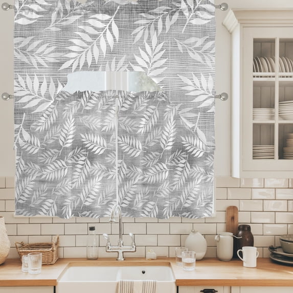Ash Fronds Swag Curtains Valance and Tier Set, Gray Silver Slate Leaf ...