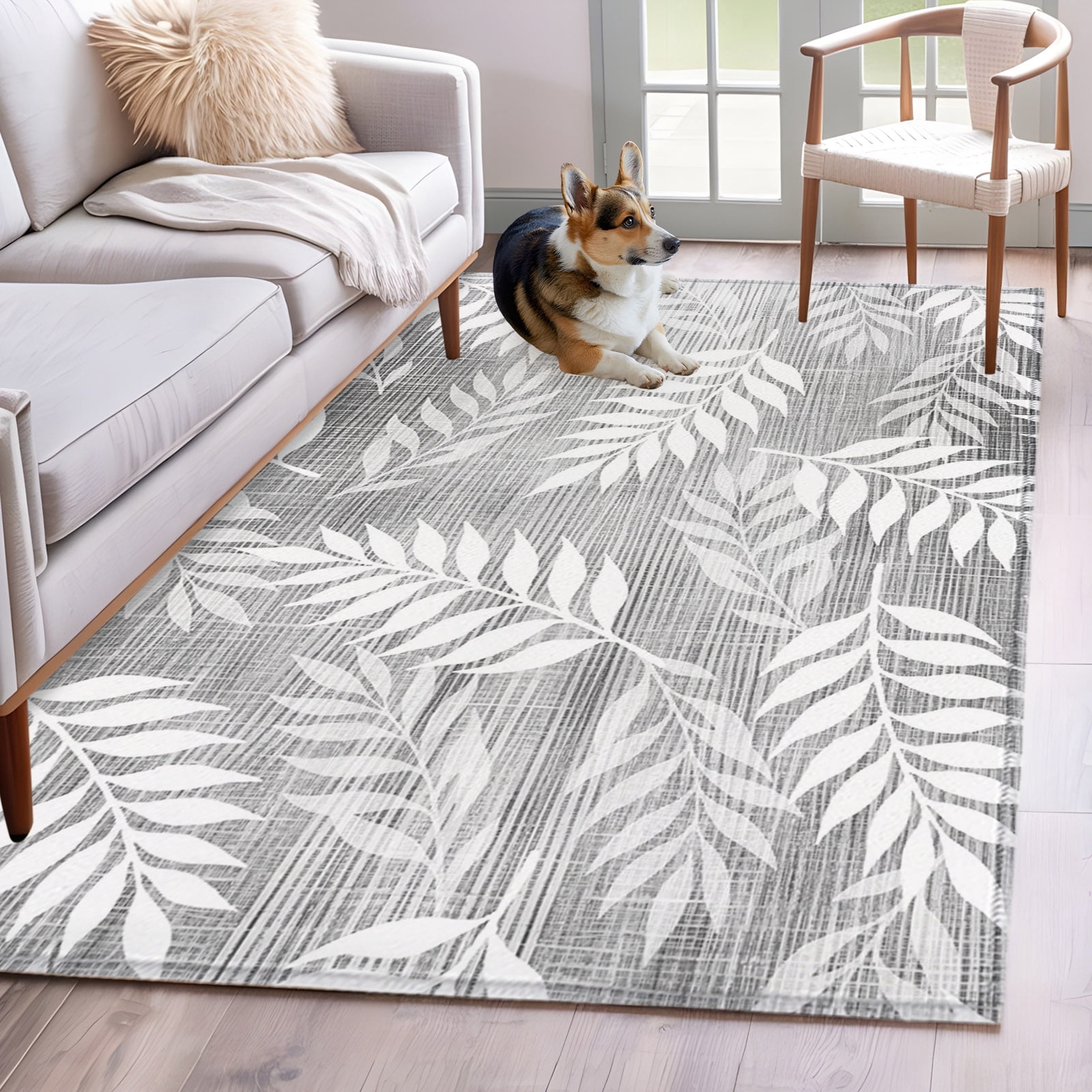 Ash Fronds Washable Area Rug 4x6 Gray Silver Slate Leaf Plant Canvas ...