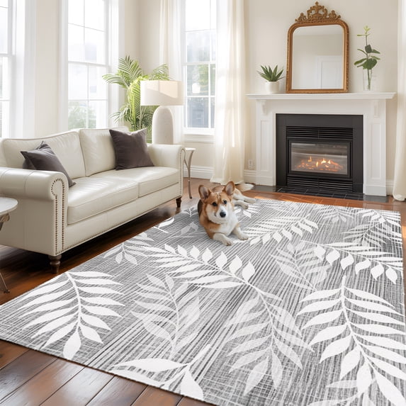 Ash Fronds Washable Area Rug 6x9 Gray Silver Slate Leaf Plant Canvas ...