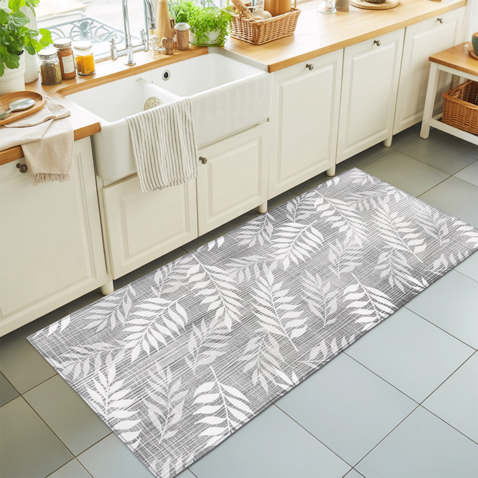 Ash Fronds Washable Runner Rugs 2'x6', Gray Silver Slate Leaf Plant ...