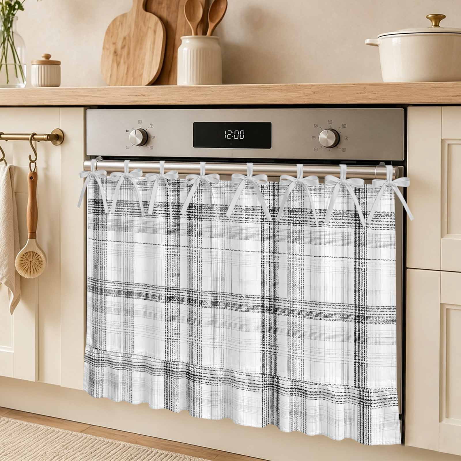 Ash Gray Oven Skirt Curtain, Black Gray Grid Checkered Farmhouse Modern ...