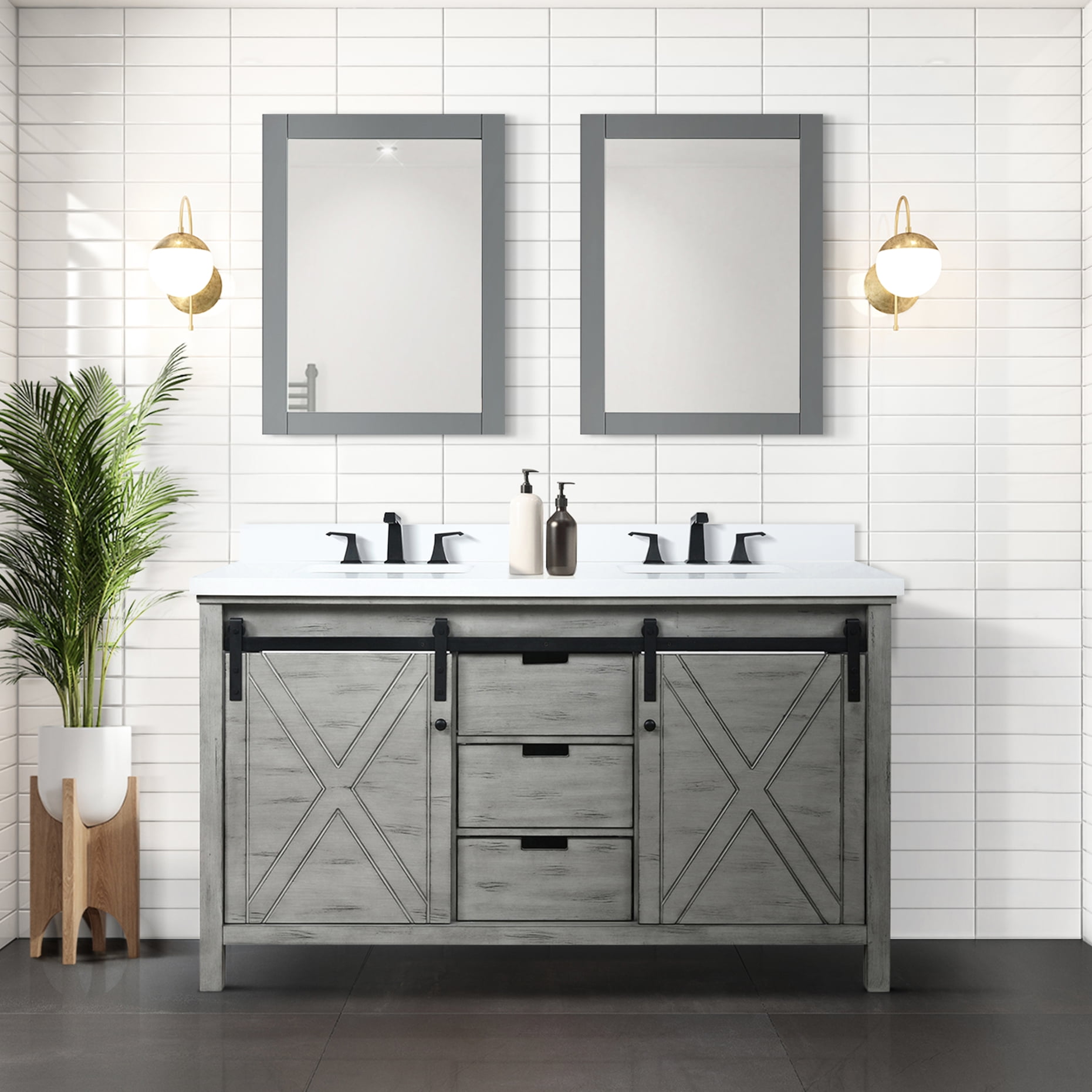 Ash Grey Double Bath Vanity 60 In., White Quartz Countertop, Faucet, 24 ...