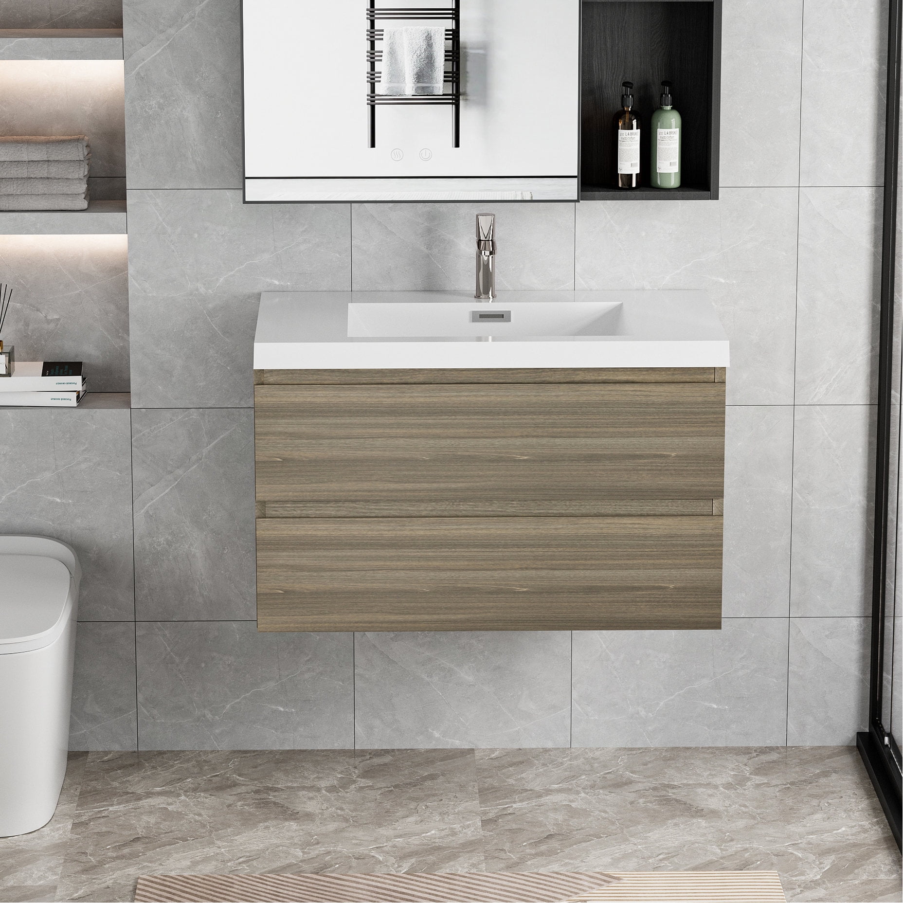 Ash Grey Floating Vanity with Glossy White Sink | Minimalist Bathroom ...