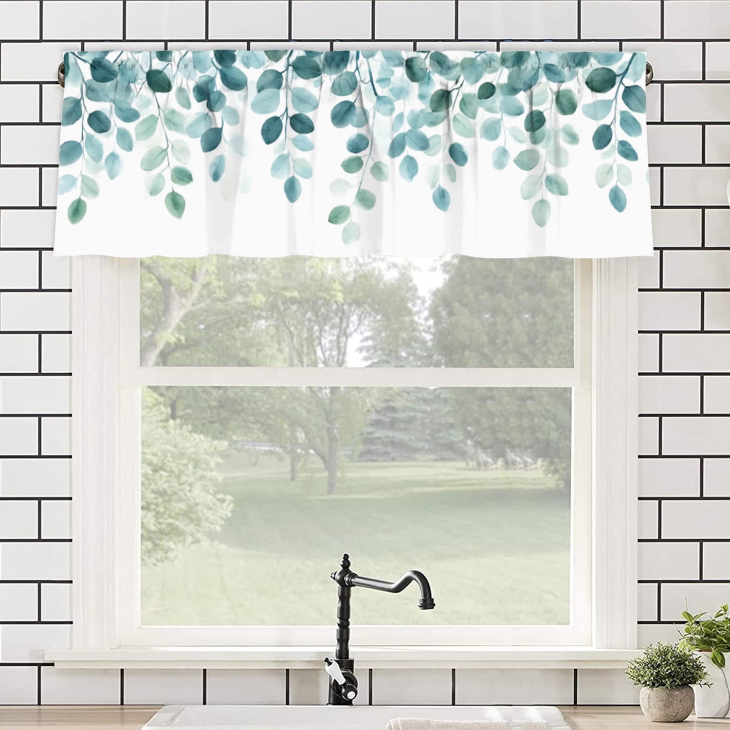 AshasdS Polyester Curtain Valance with Teal Green Leaf Pattern for Home ...