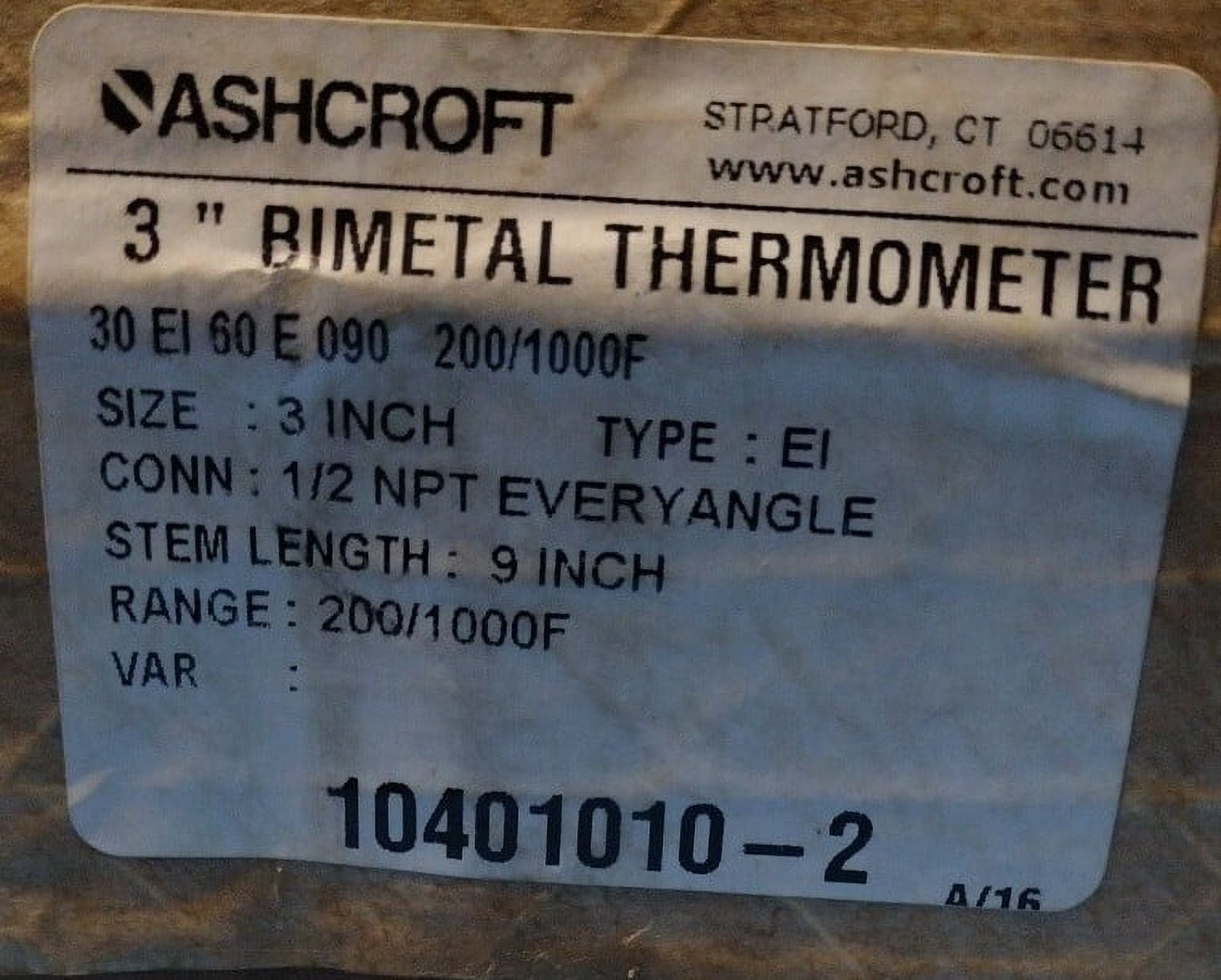 Ashcroft 3" Bimetal Thermometer 30EI 60 E 090 200/1000F 1/2" NPT Stem ...
