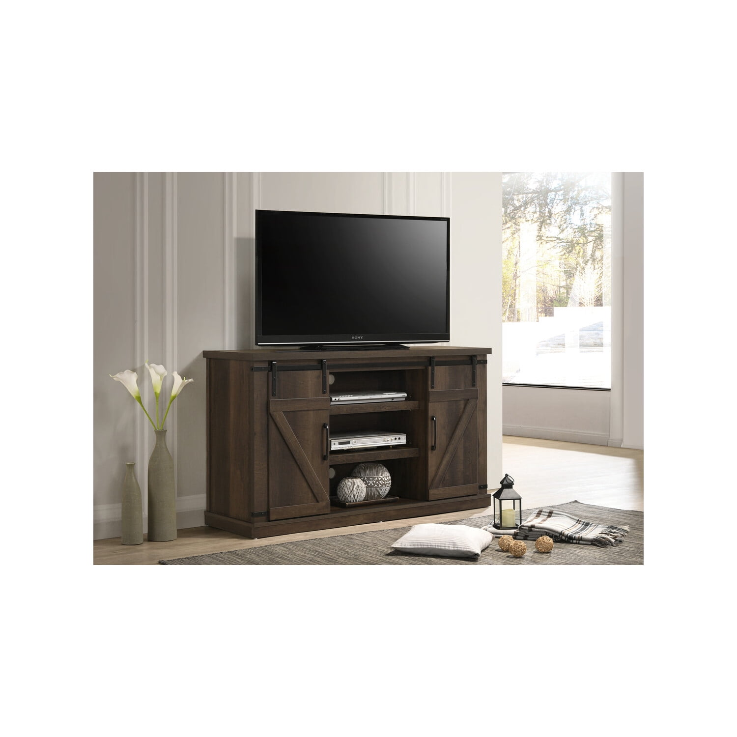 Asher Dark Dusty Brown Wood Finish 54" Wide TV Stand with Sliding Doors ...