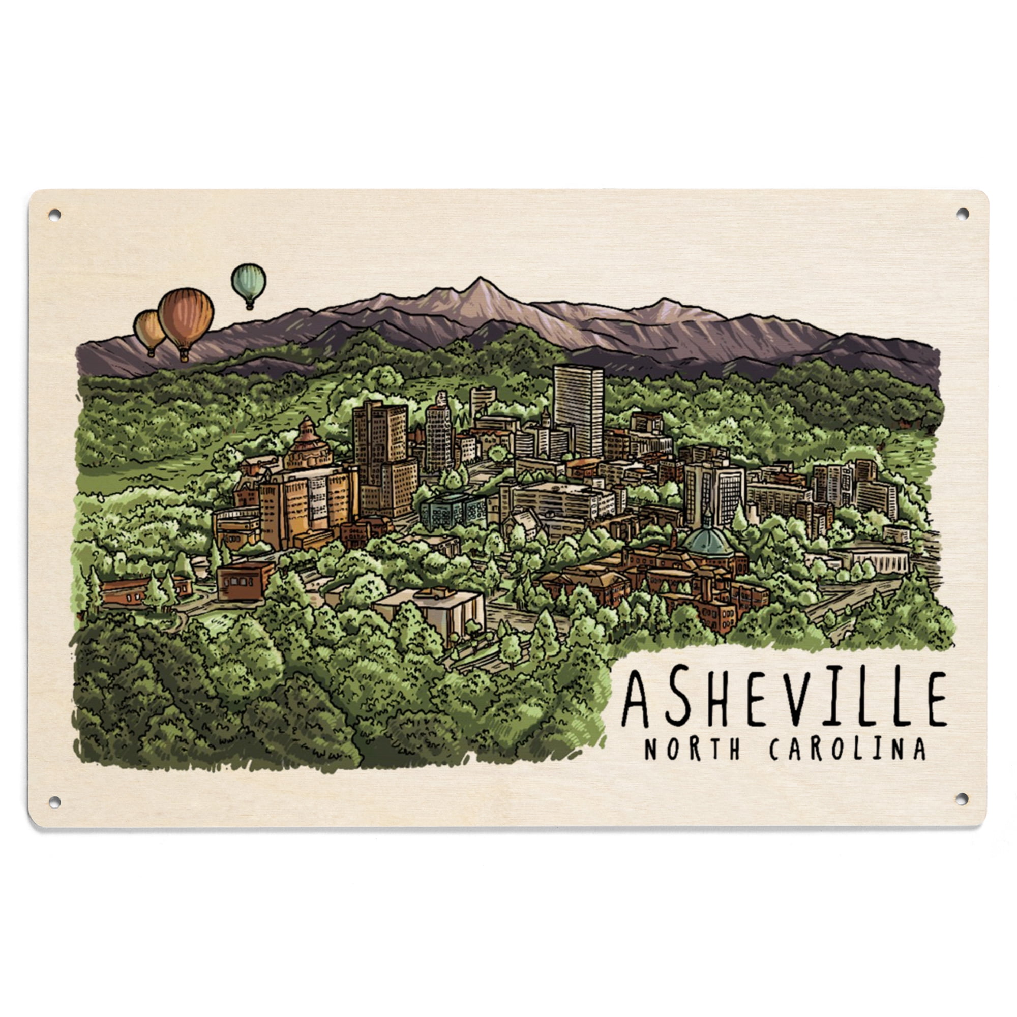 Asheville, North Carolina, Line Drawing Birch Wood Wall Sign (6x9 ...