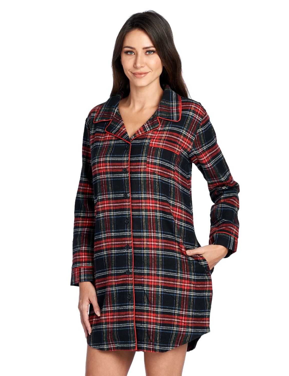 Ashford And Brooks Womens Flannel Plaid Long Lounge Shirt Sleep