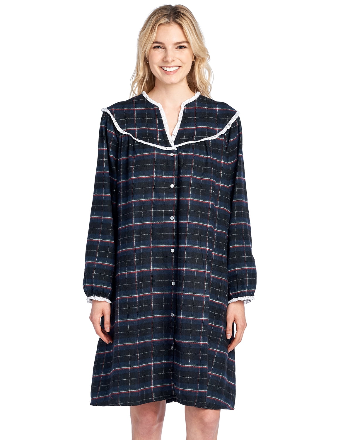 Ashford And Brooks Womens Flannel Plaid Long Sleeve Snap Front Lounge