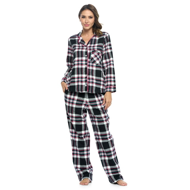 Ashford And Brooks Womens Flannel Plaid Pajamas Long Sleeve Button Down