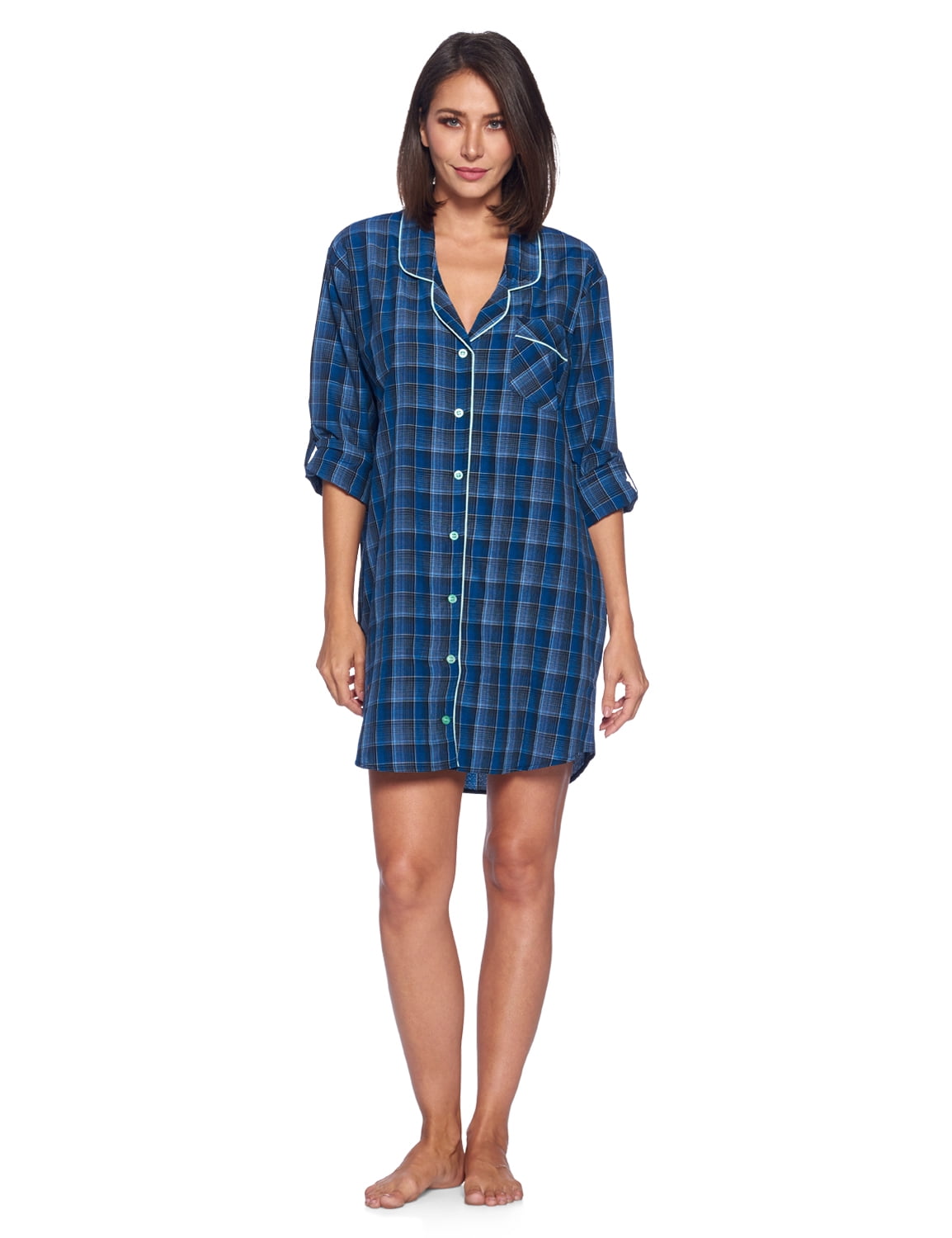 Ashford & Brooks Women's Woven Plaid Long Sleeve Button Down Sleep ...