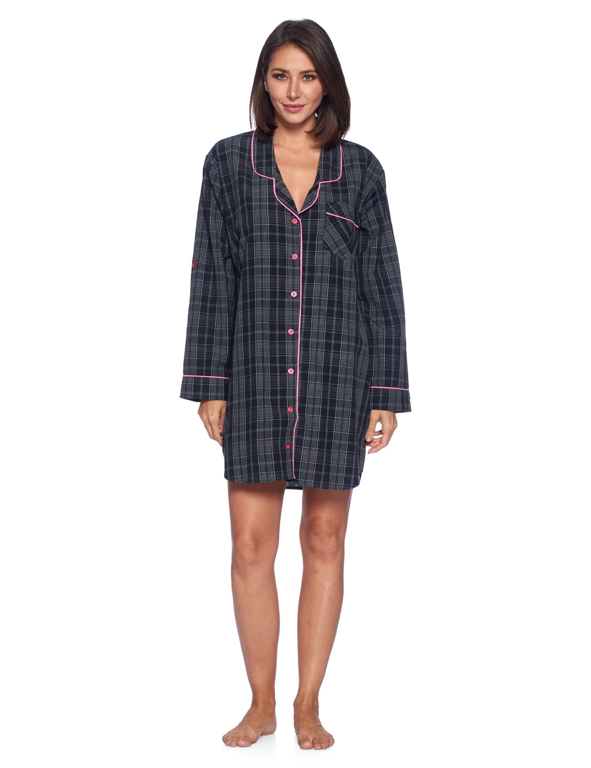 Ashford & Brooks Women's Woven Plaid Long Sleeve Button Down Sleep ...