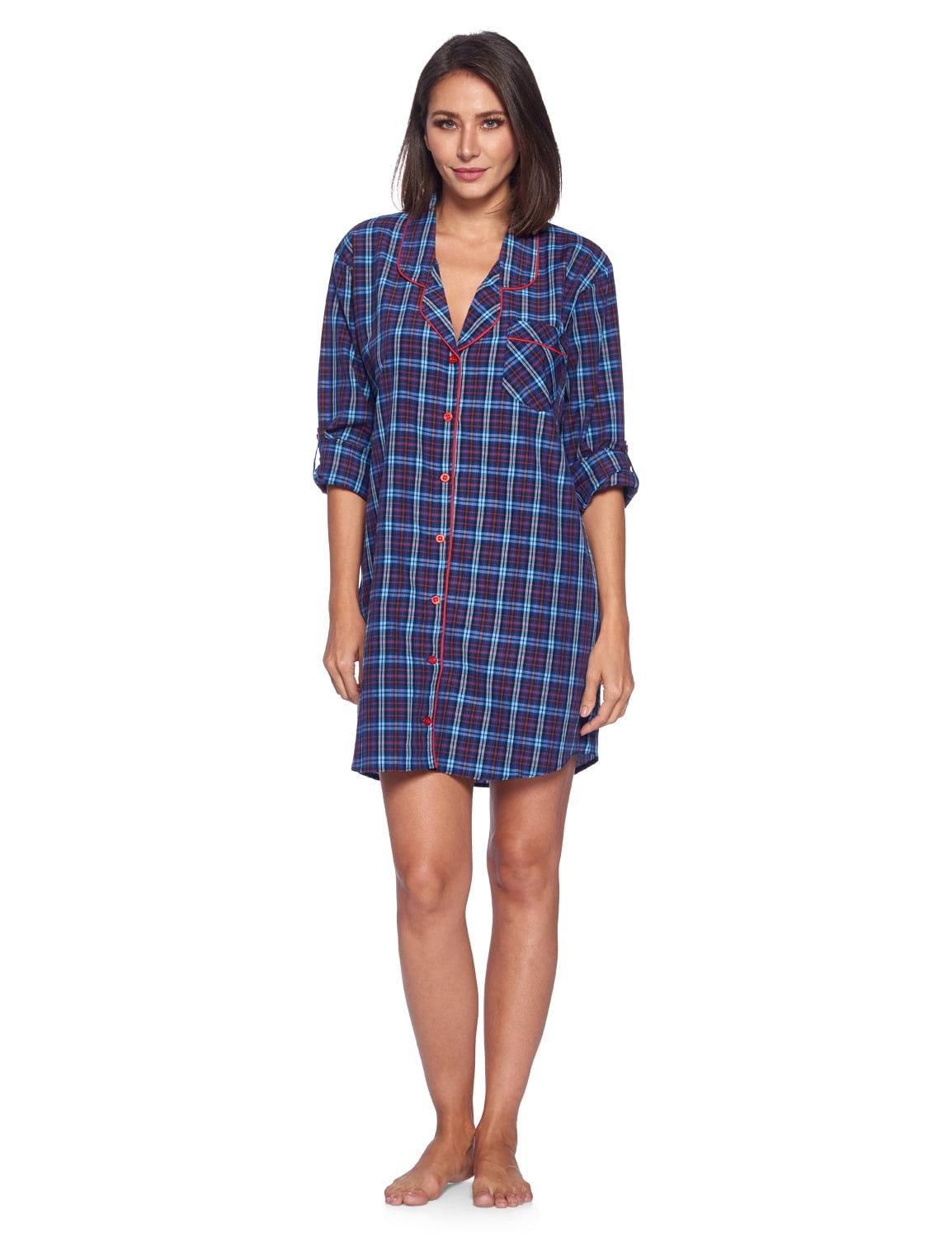 Ashford & Brooks Women's Woven Plaid Long Sleeve Button Down Sleep ...