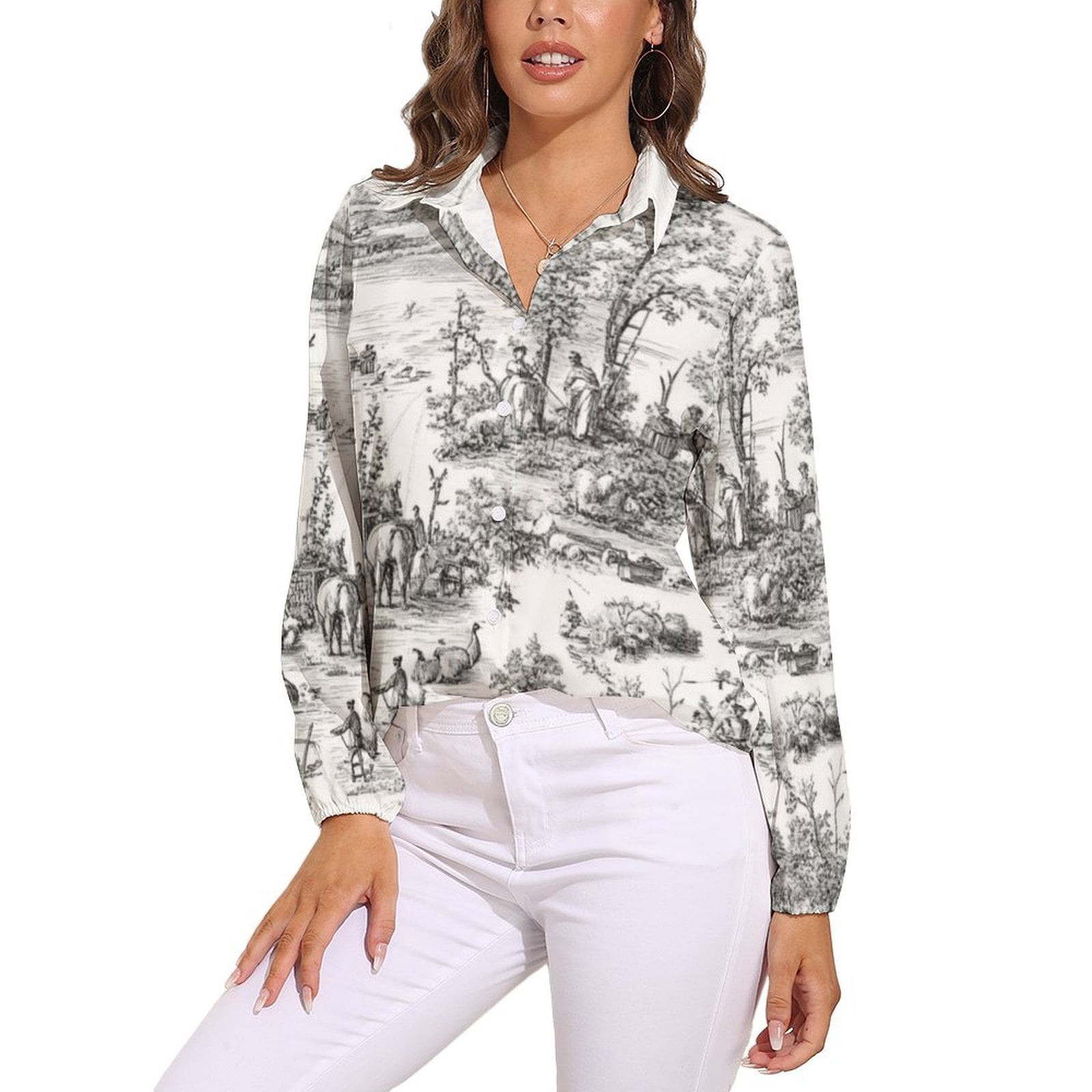 Ashford House Toile-1 Long Sleeve Blouse Woman Streetwear Casual Shirts ...