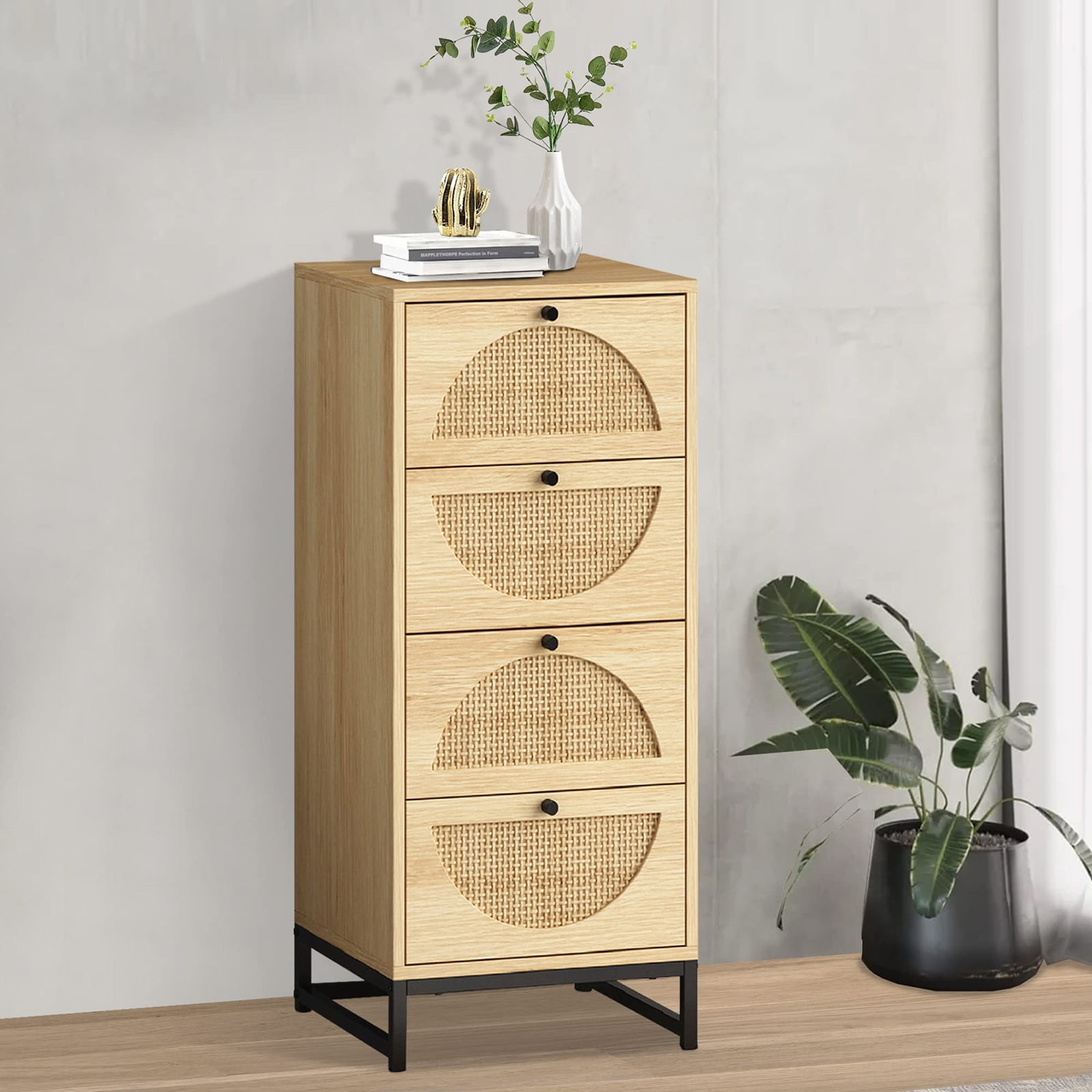 Ashion 2 Pcs MDF Rattan Storage Cabinet With 4 Drawers With Metal Base ...