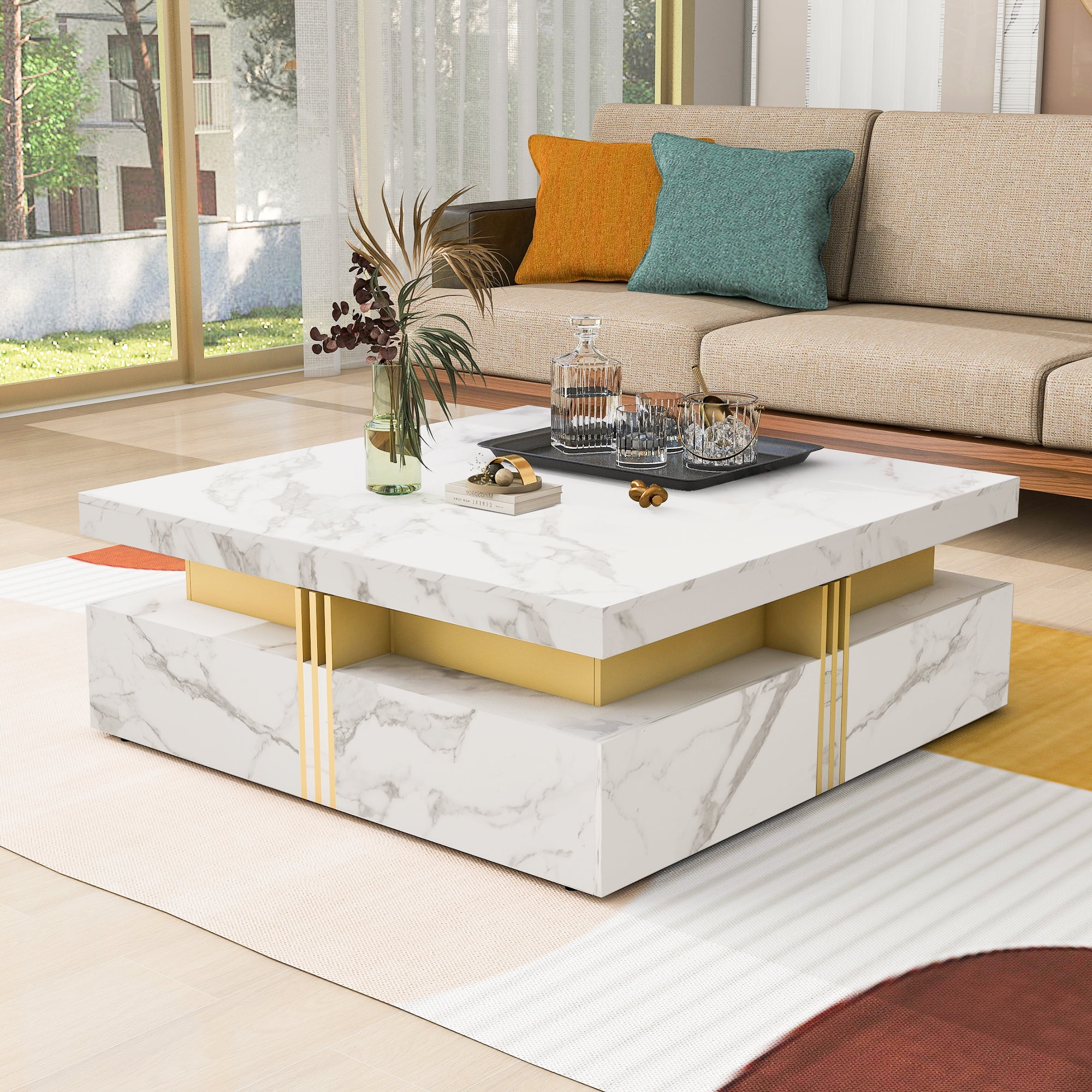 Ashion Coffee Tables With 4 Storage Drawers Modern Square Design ...