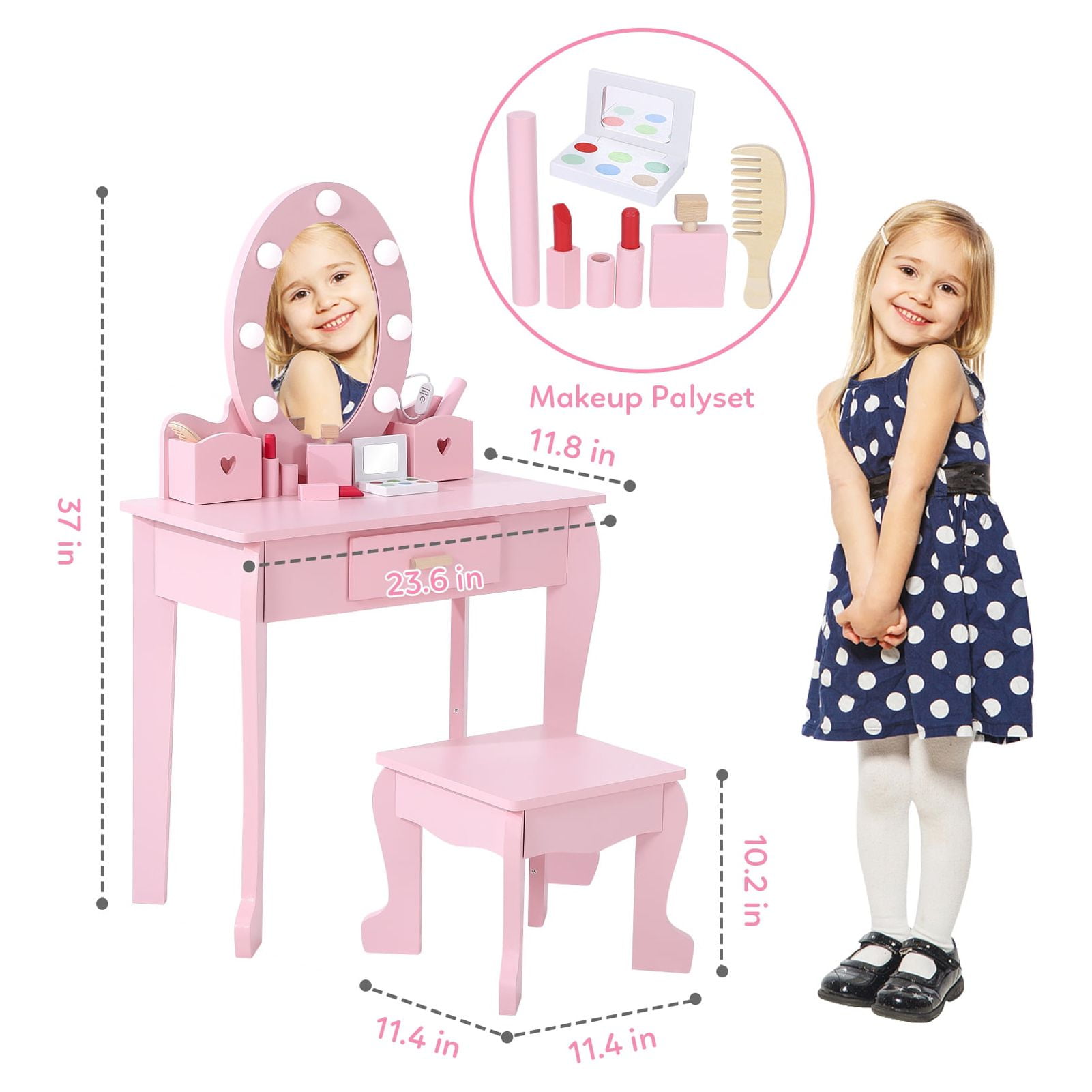 Ashion Kids Makeup Vanity with Mirror and Stool, Girls White Vanity ...