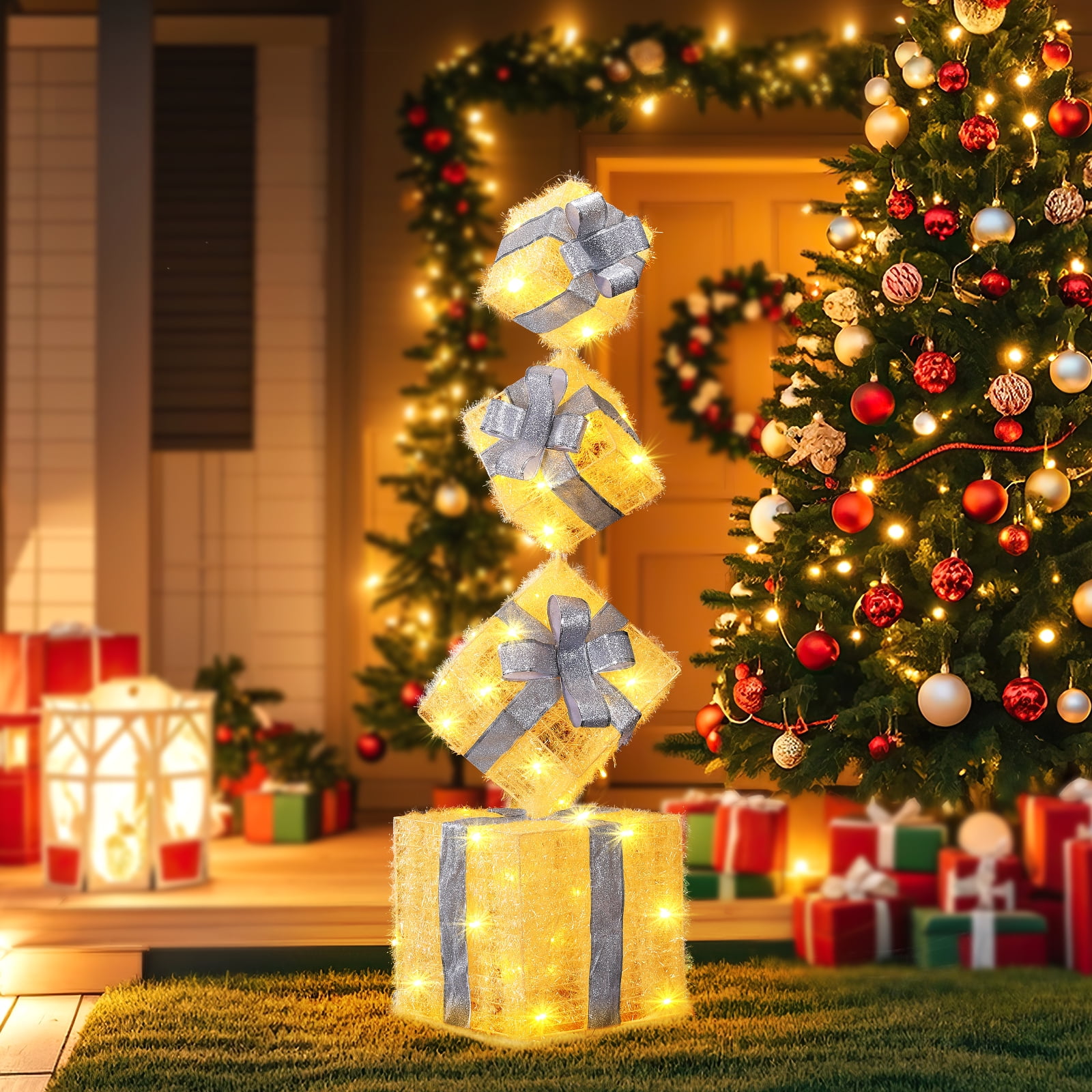 Aship 3D Set of 4 Christmas Lighted Gift Boxes, 70 LED Stackable Light ...