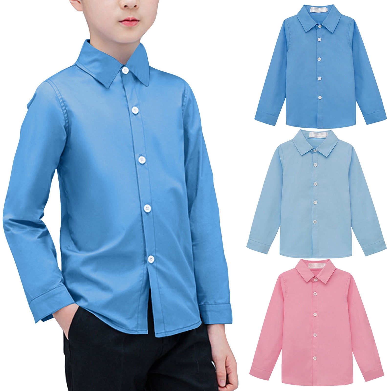 Ashirexll Boys Solid Color Long Sleeve Shirts Turndown Collar Fashion ...