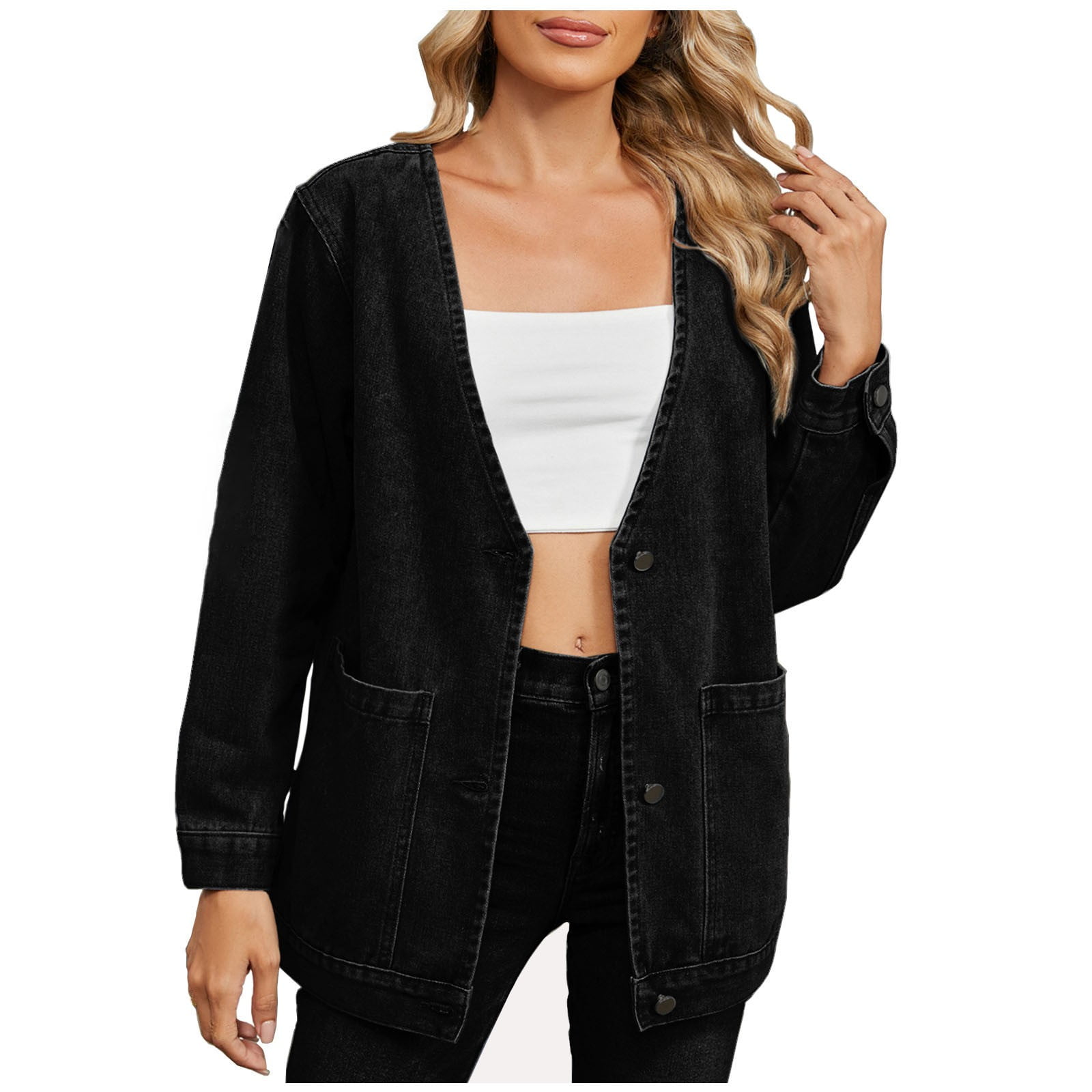 Ashirexll Denim Jacket for Women Fashion Casual Loose Solid Color V ...