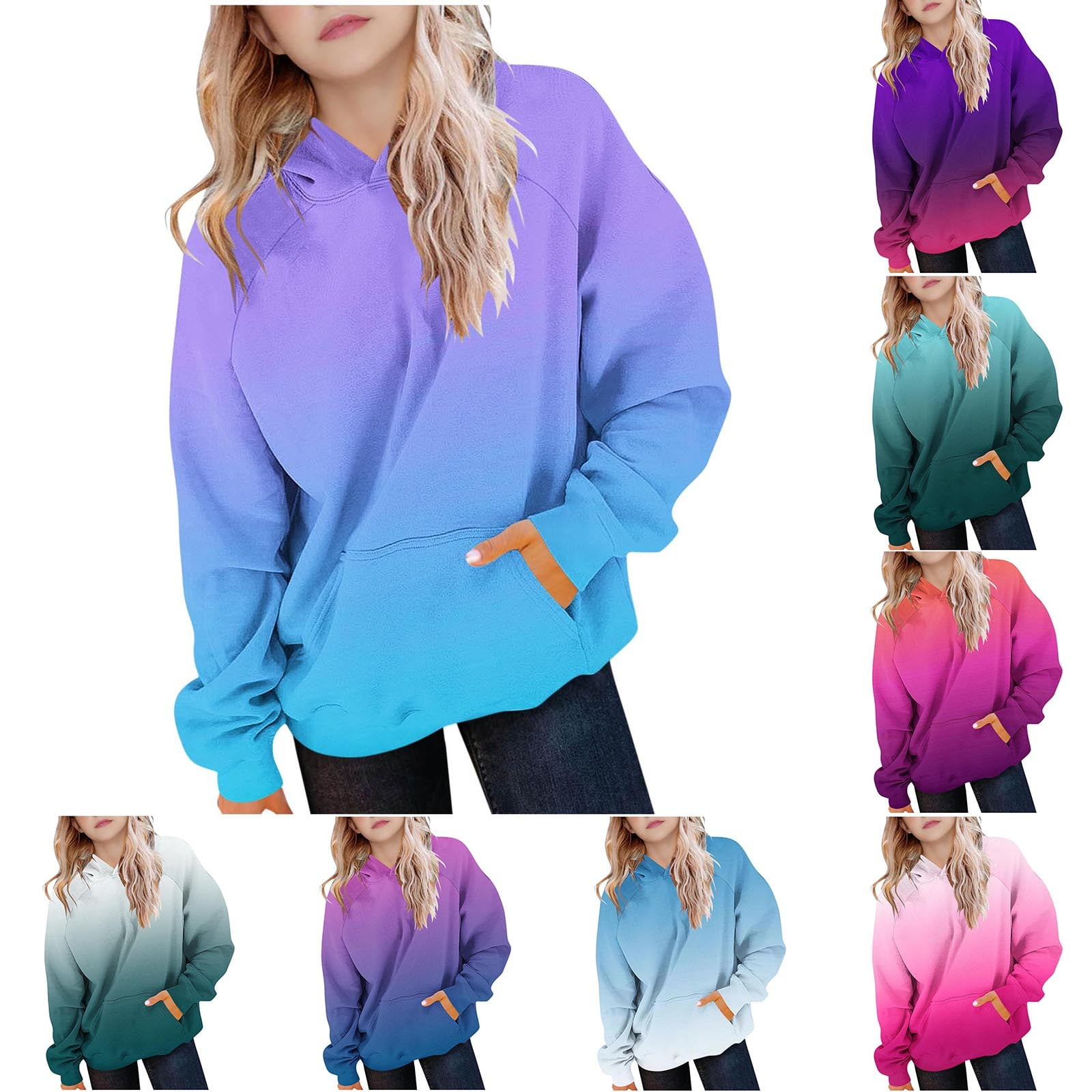 Ashirexll Girls Hoodies Pullover Oversize Hoodie 5-15 Years Gradient Printed Fashion Casual ...