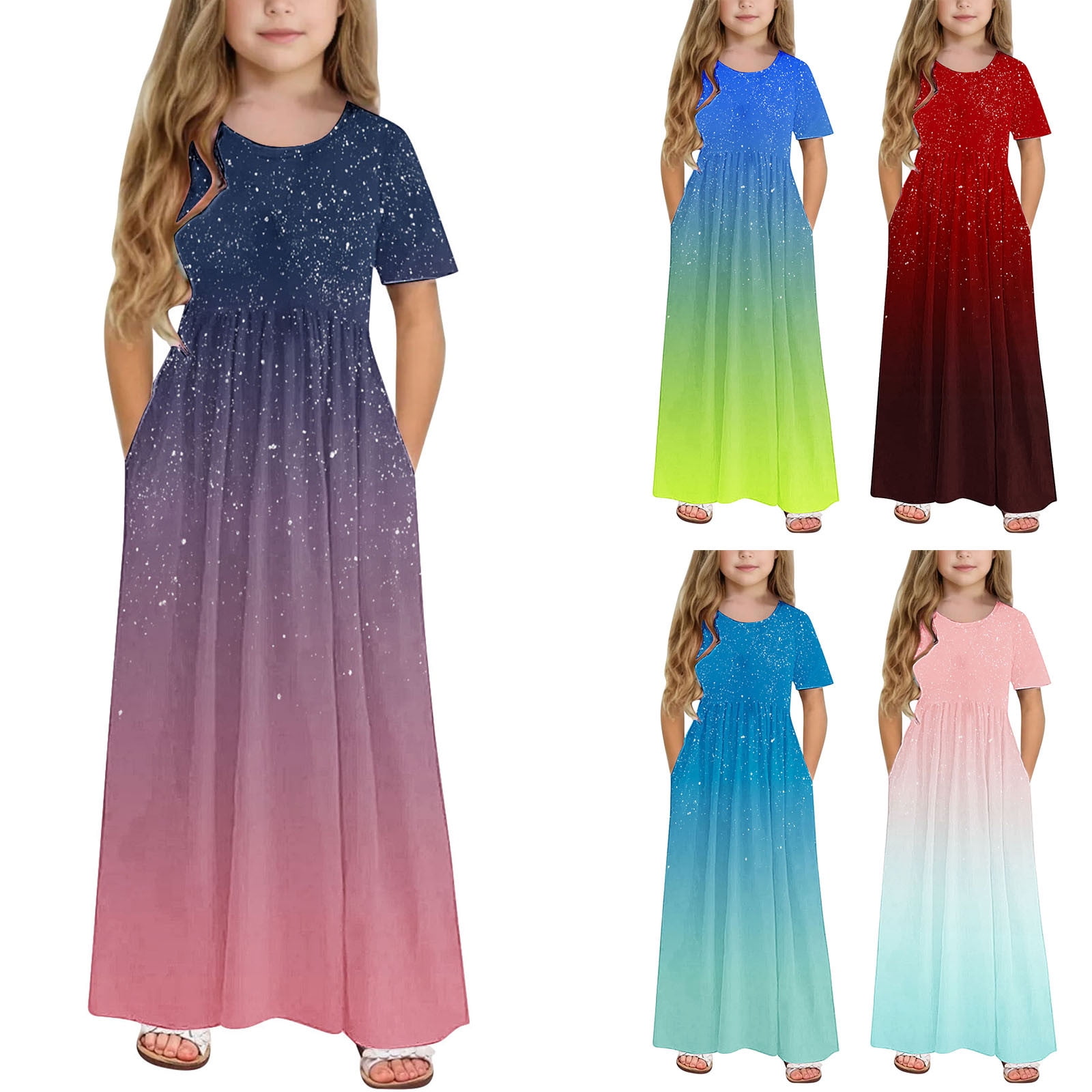 Ashirexll Girls Summer Dress Kids Short Sleeve Cute Sparkling Print ...